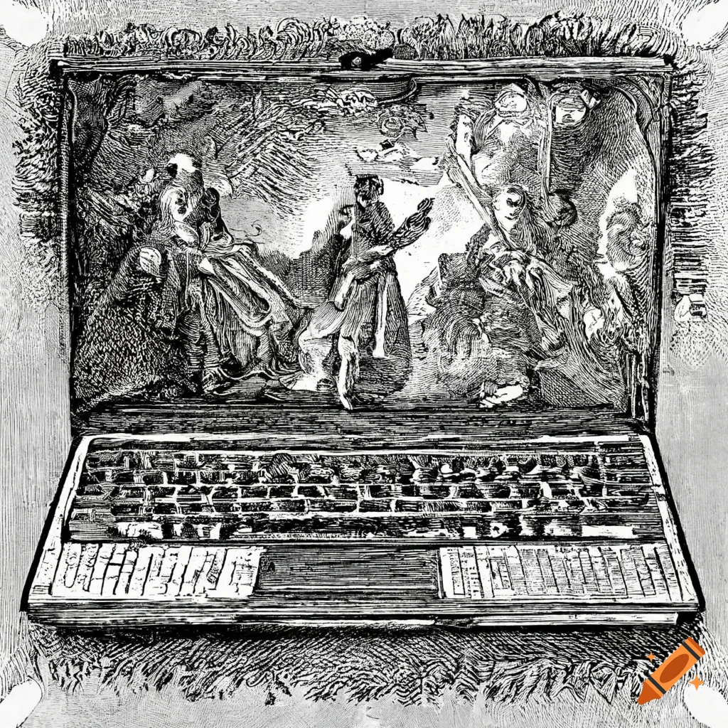 16th century style engraving of a laptop on a plain white background