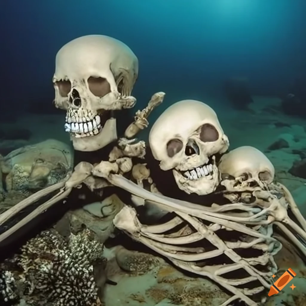 Three spooky skeletons resting at the bottom of the ocean on Craiyon