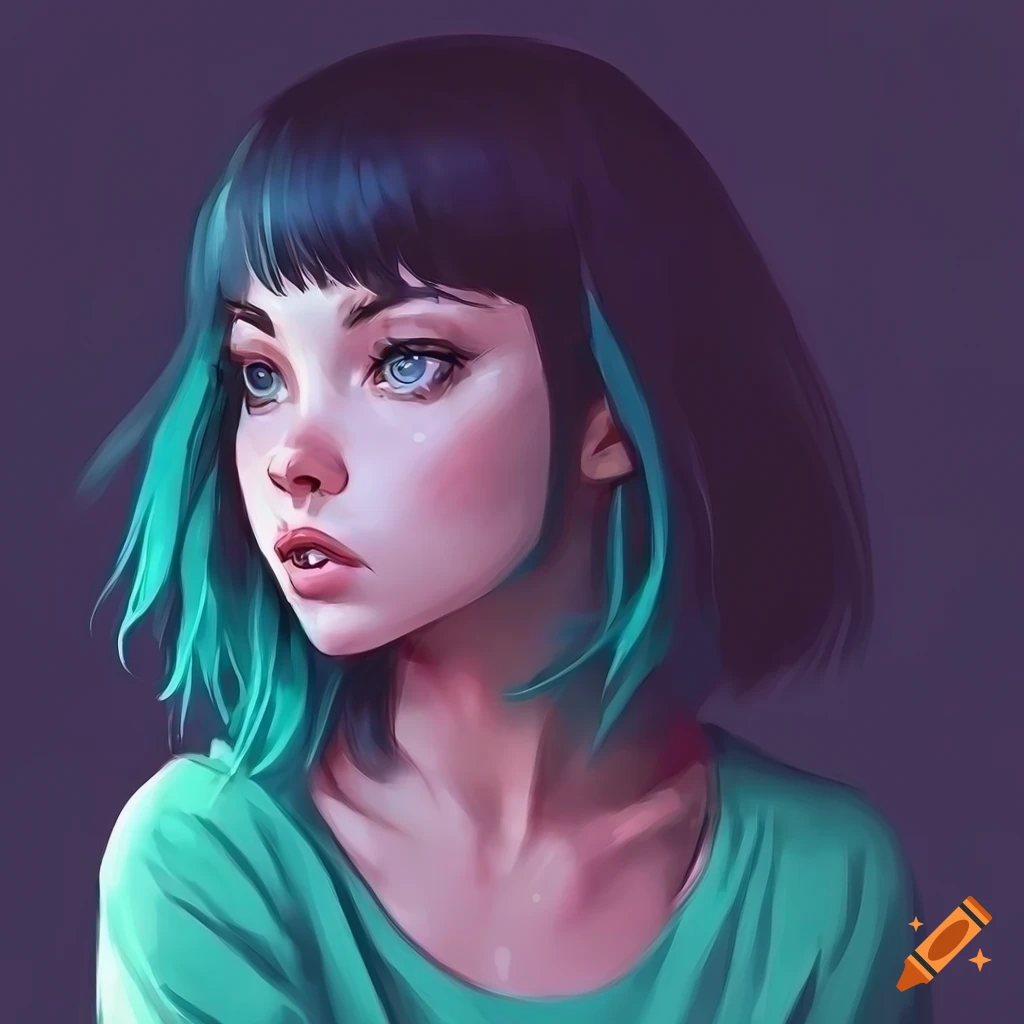 Mid body portrait of beautiful women with turquoise wavy hair wearing black t-shirt, trending on ...