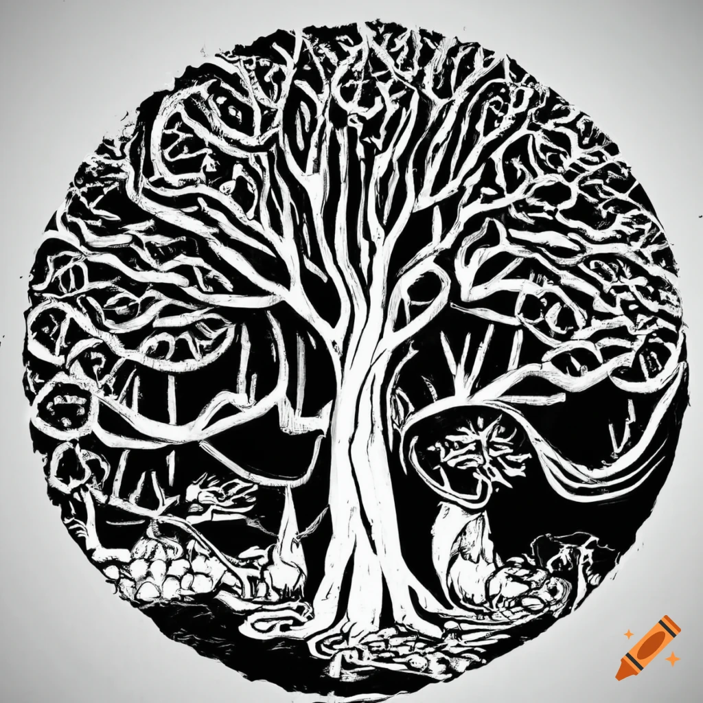 Stylized tall tree wood engraving black and white