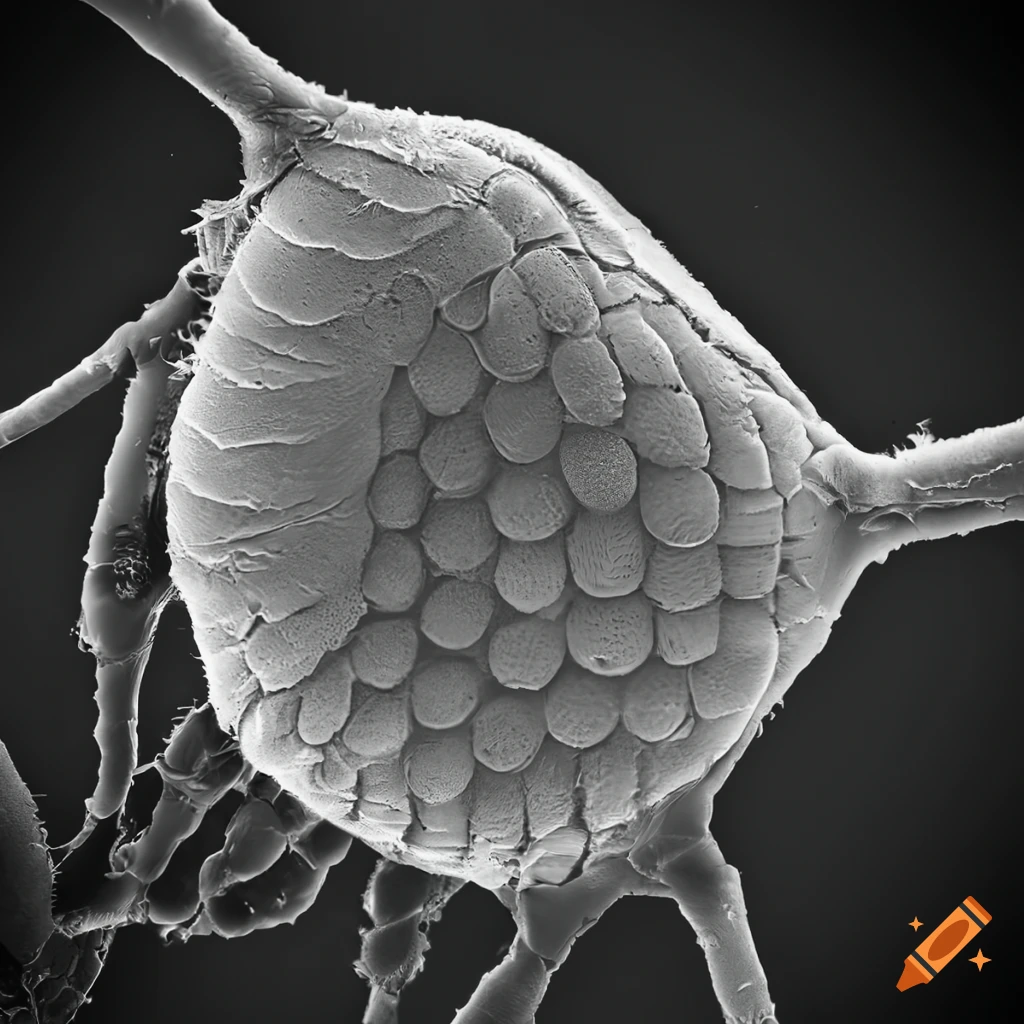Ornamented housefly electron microscope photo black and white greyscale ...