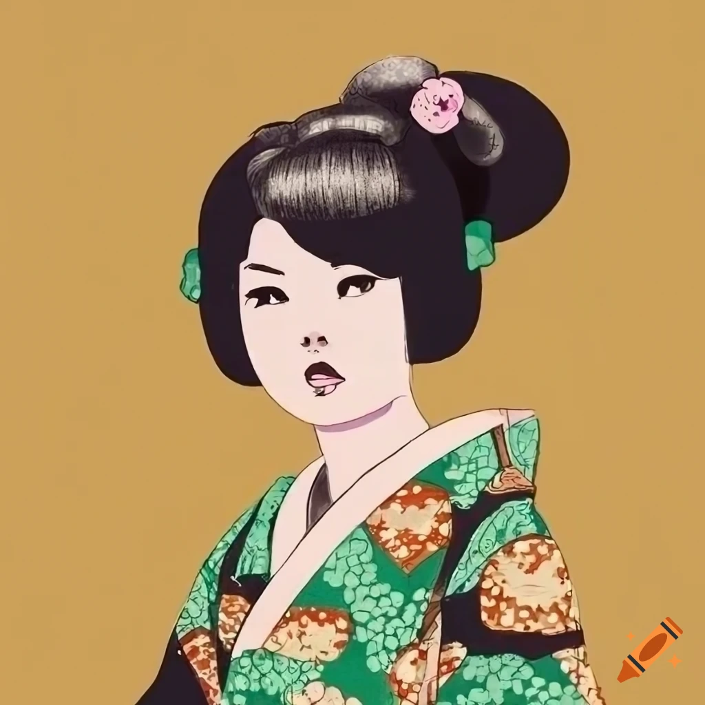 Japanese woman robot in lush kimono in komon print pattern, inspired by ...