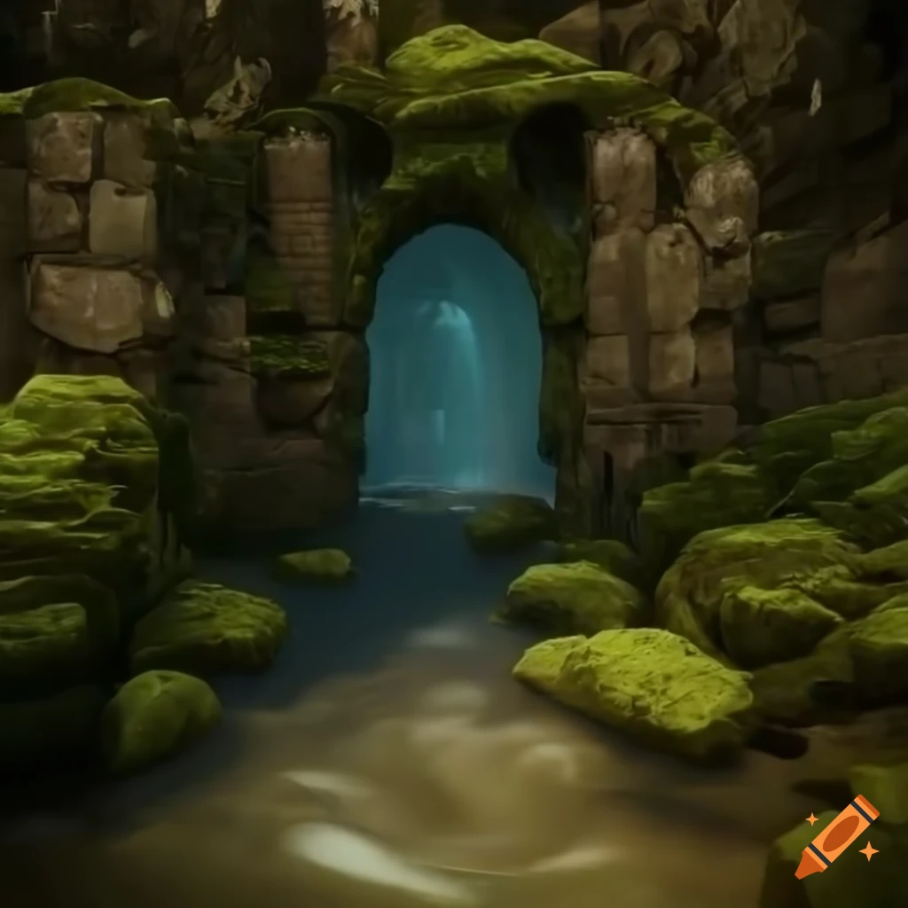 Portal opaque to another world inside of a cove, high definition, with flowing water with ruins ...