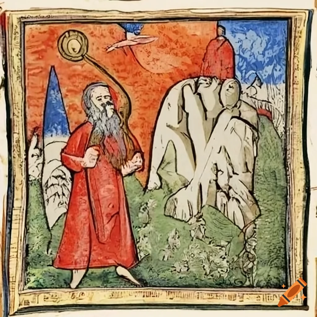 A rare medieval illustration of moses on a mountain with intricate ...