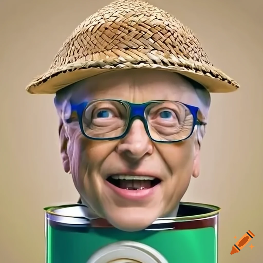 Can of green beans with bill gates head wearing a straw hat on the ...