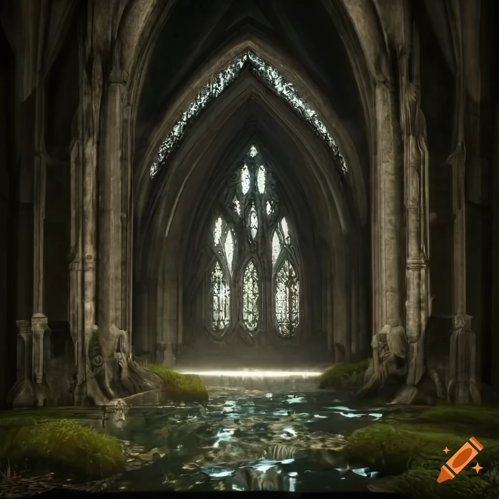 A mystic cathedral filled with crystals, pond, stone overgrown with ...