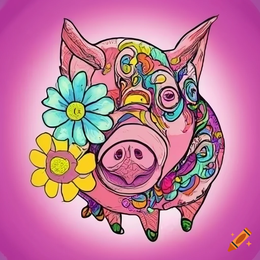 Hippie style pig, colorful flowers, blank background