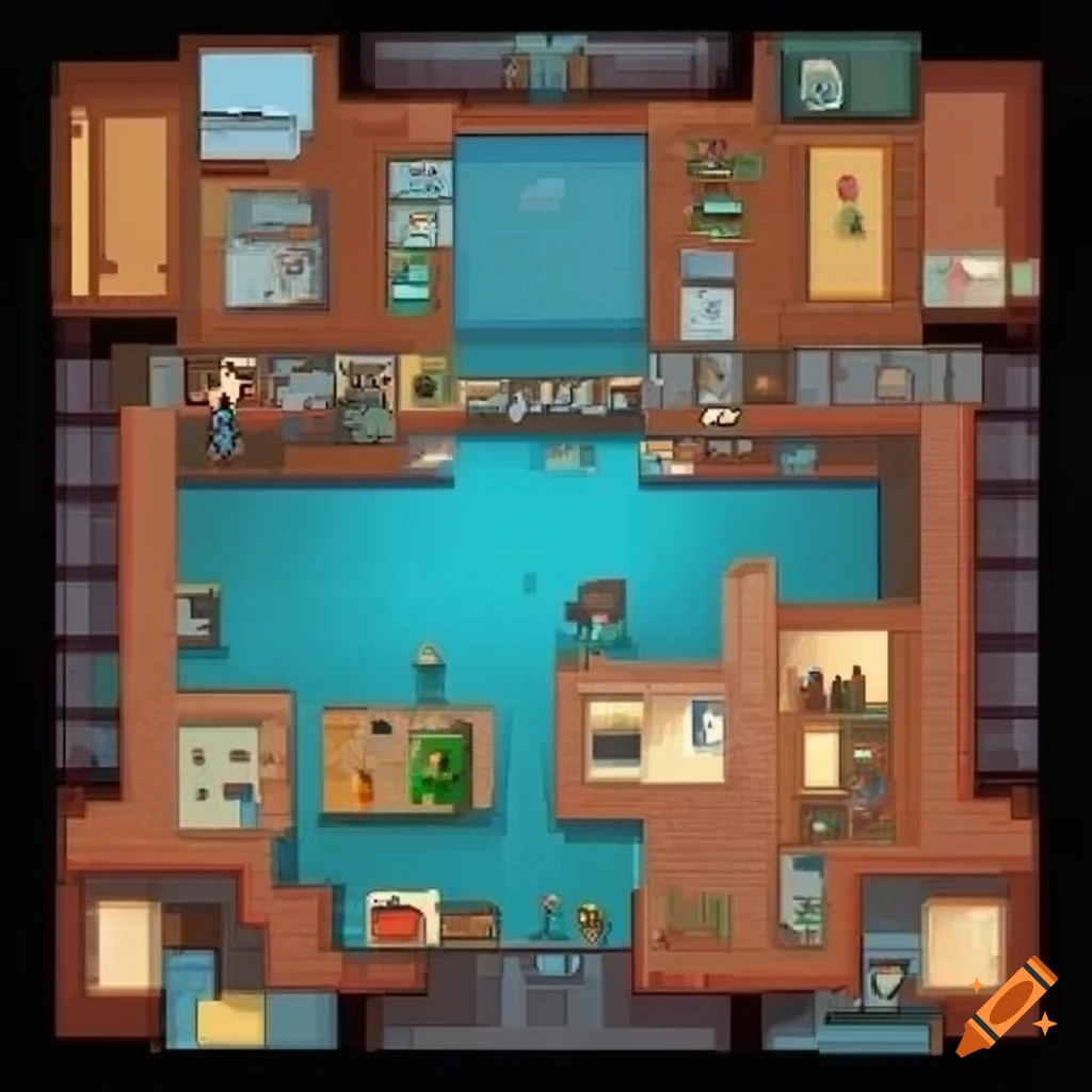 Make me a birds eye view living room game map in pixel form on Craiyon
