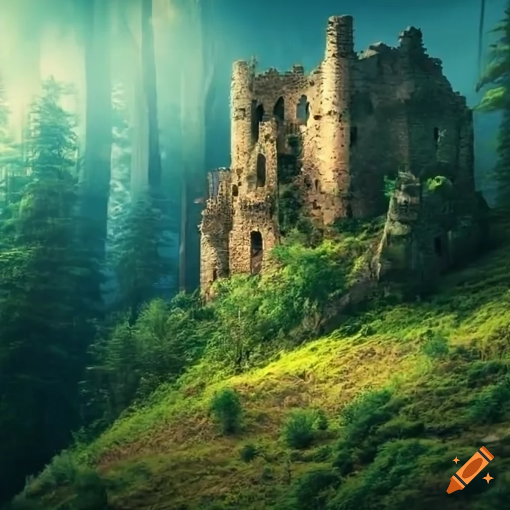 The castle ruins on the hill in the dense forest on Craiyon