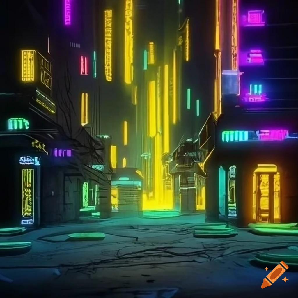 A dystopian, cyberpunk grey yellow white neon glow trees weird ...