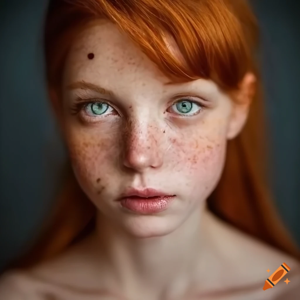 A Beautiful Red Haired Girl With Freckles And American Features With