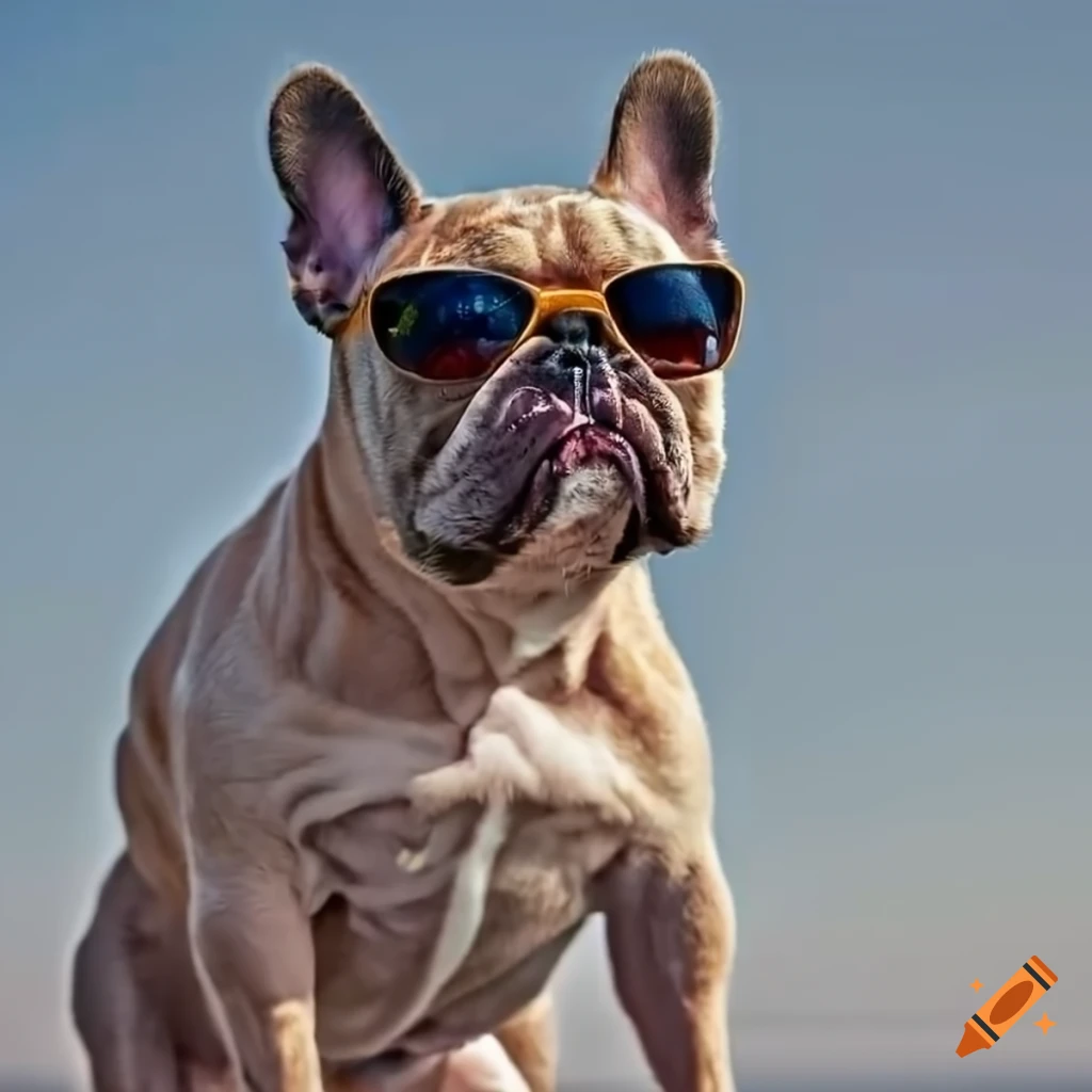 A muscle frenchie bulldog wearing sunglasses and enjoying the sun on ...