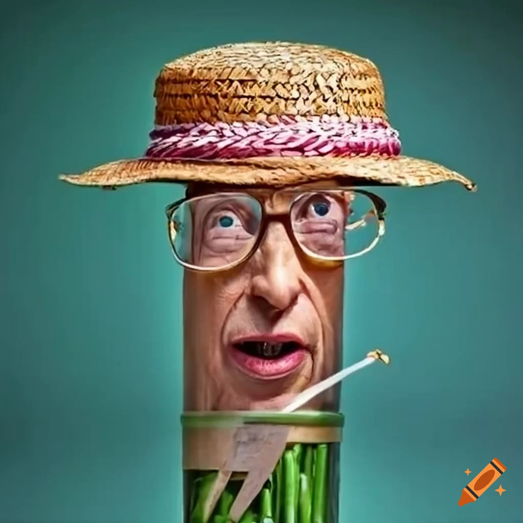 Can of green beans with bill gates head wearing a straw hat on the label