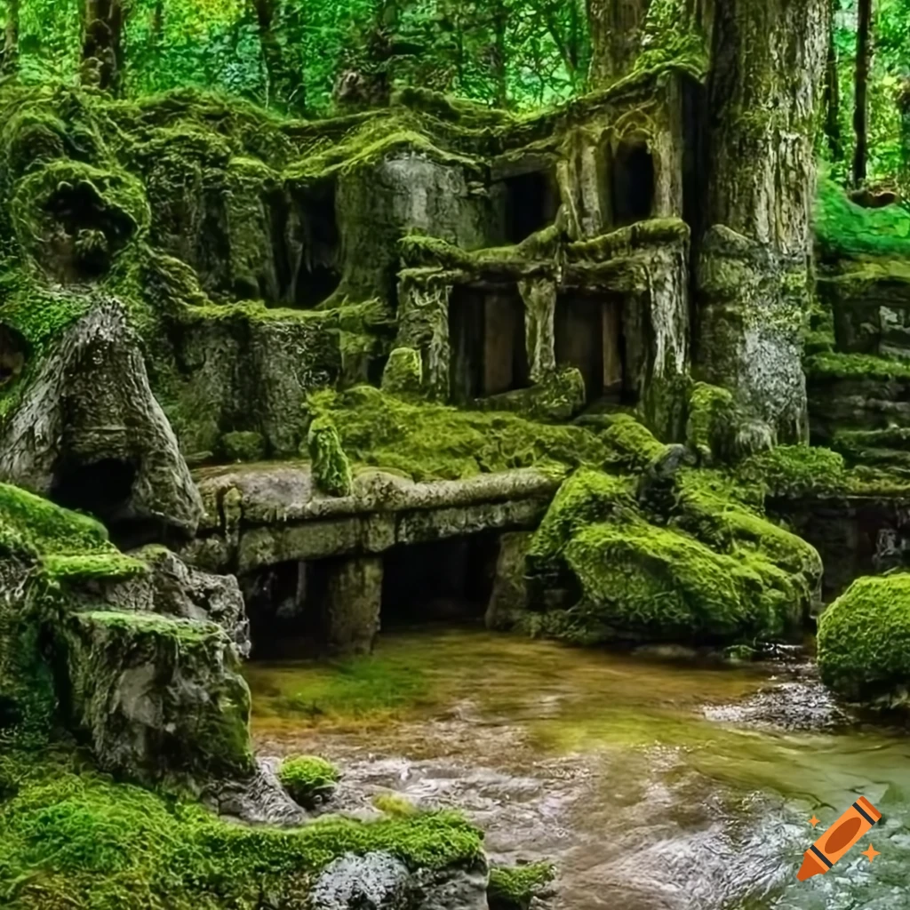 A huge, mossy stone building overgrown with lianas in the jungle by the ...