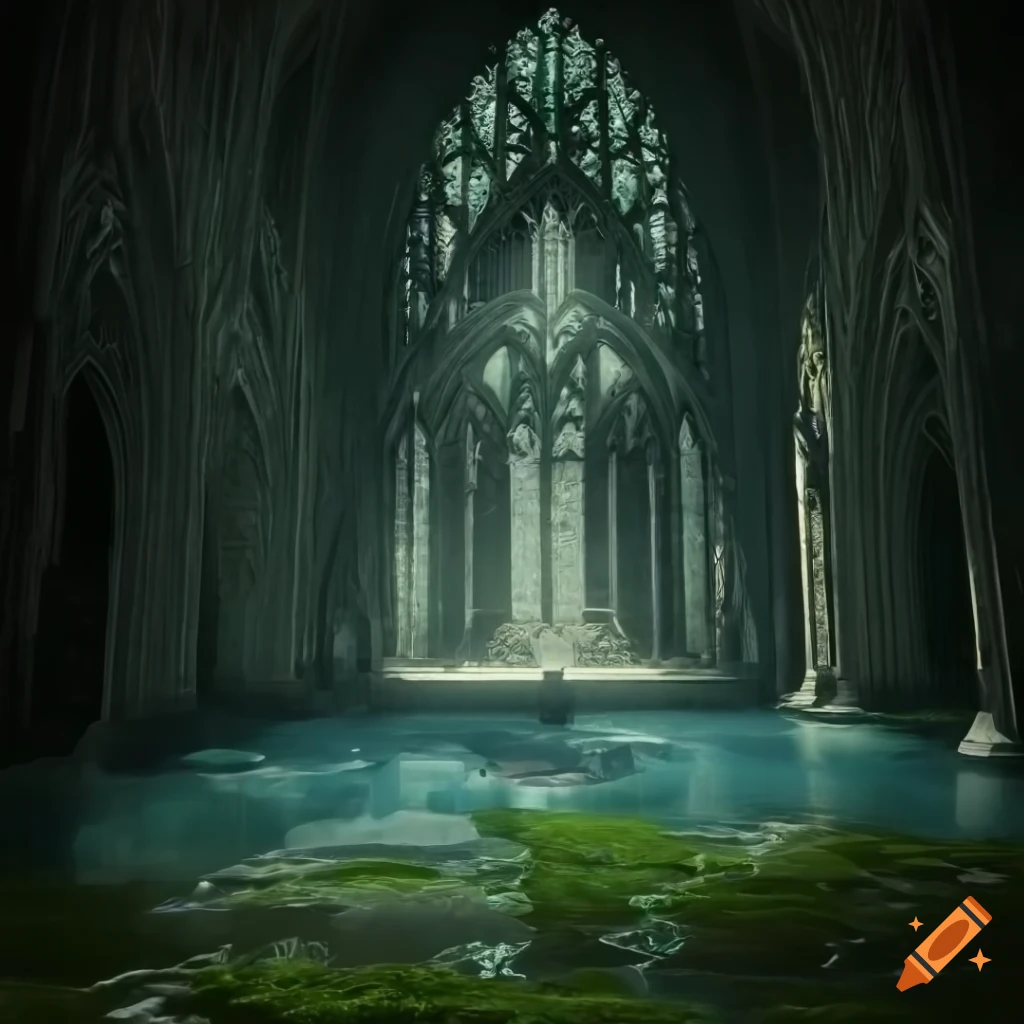 A mystic cathedral filled with crystals, pond, lush vegetation, stone ...