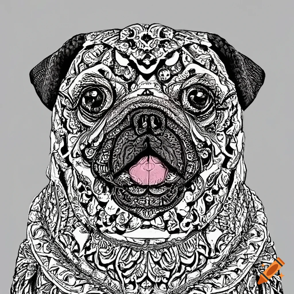Colouring pages, mandala dog image (pug), white background on Craiyon