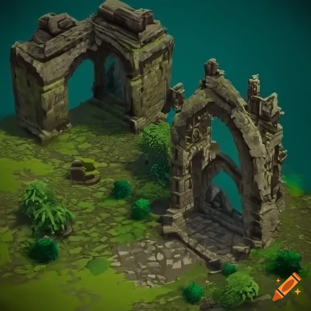 A moss-covered stone ruins in a fantasy RPG game forest fantasy grass ...
