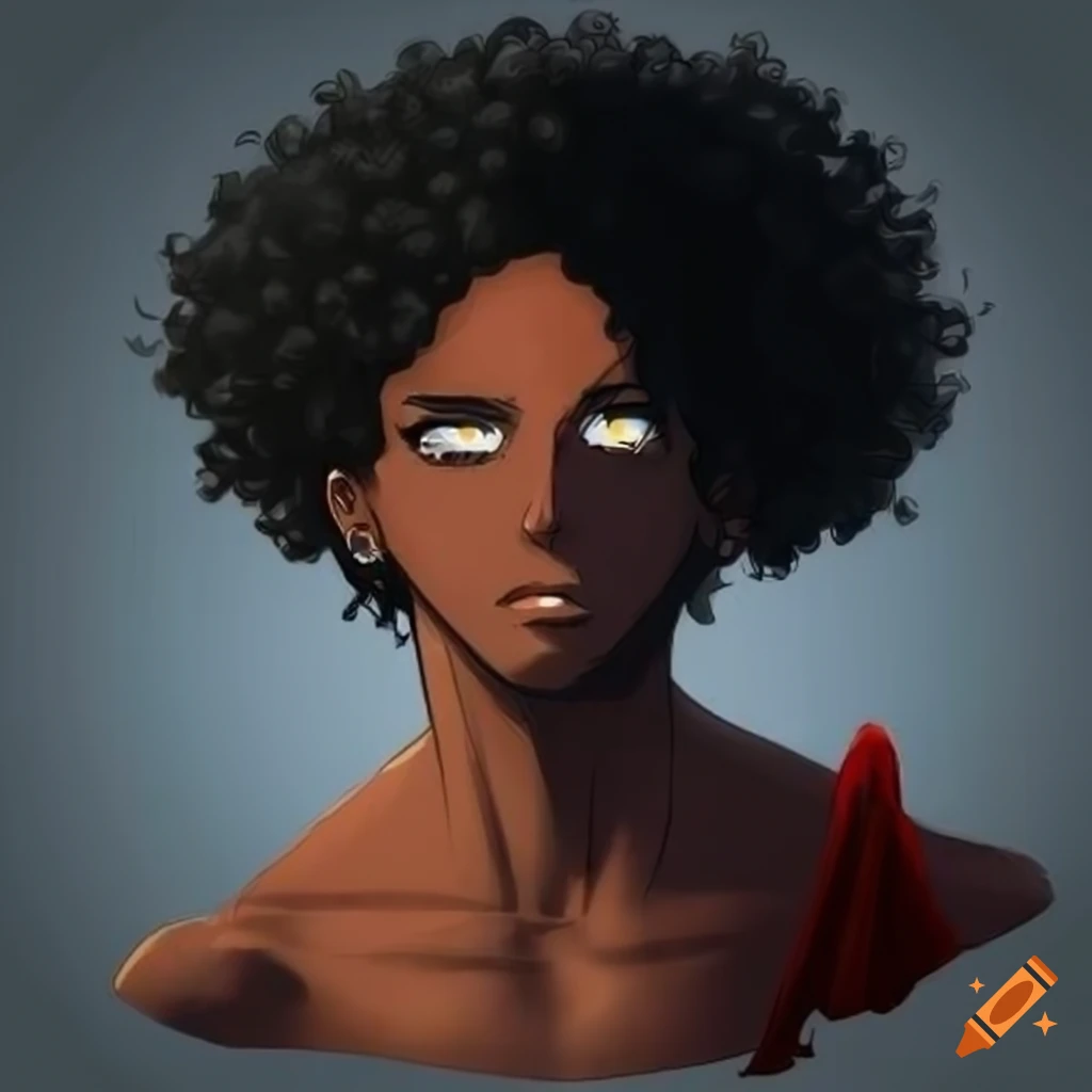 Afro latino male with a curly afro in an anime style