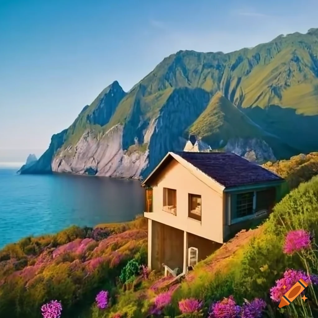 A two story house on a mountain overlooking a beach and mountains and ...