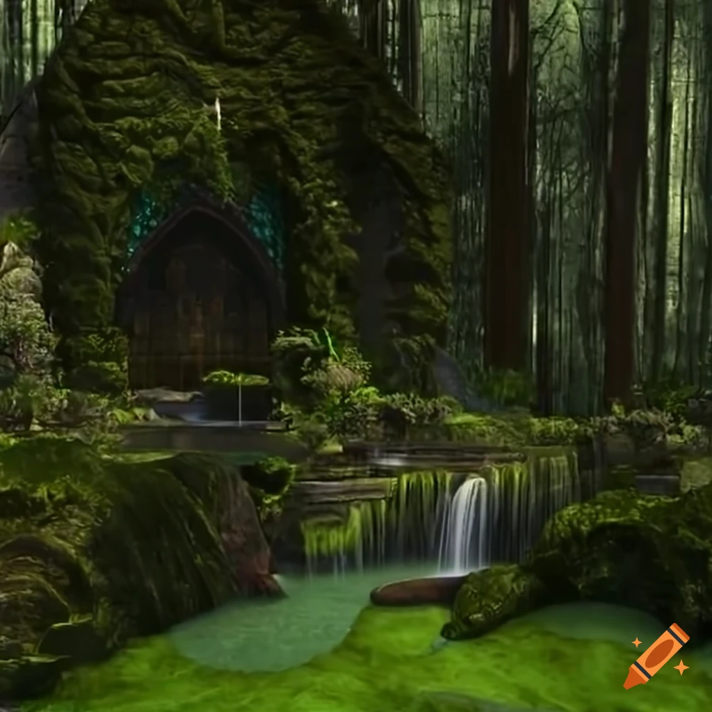 Multi-level mystic cathedral and houses, lava fields, lush tropical ...