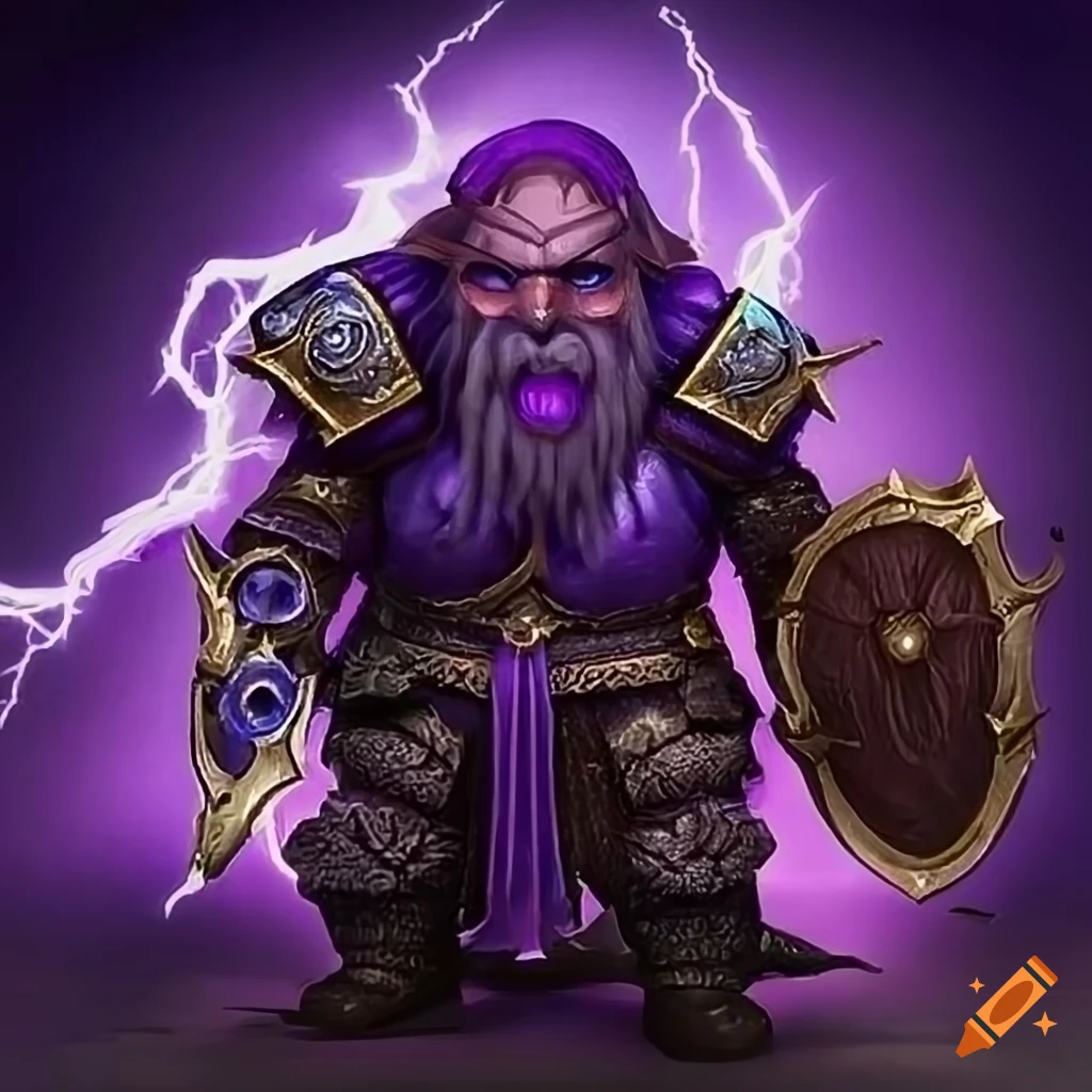 A dwarven lightning cleric wearing purple, insect-themed, platemail , a ...