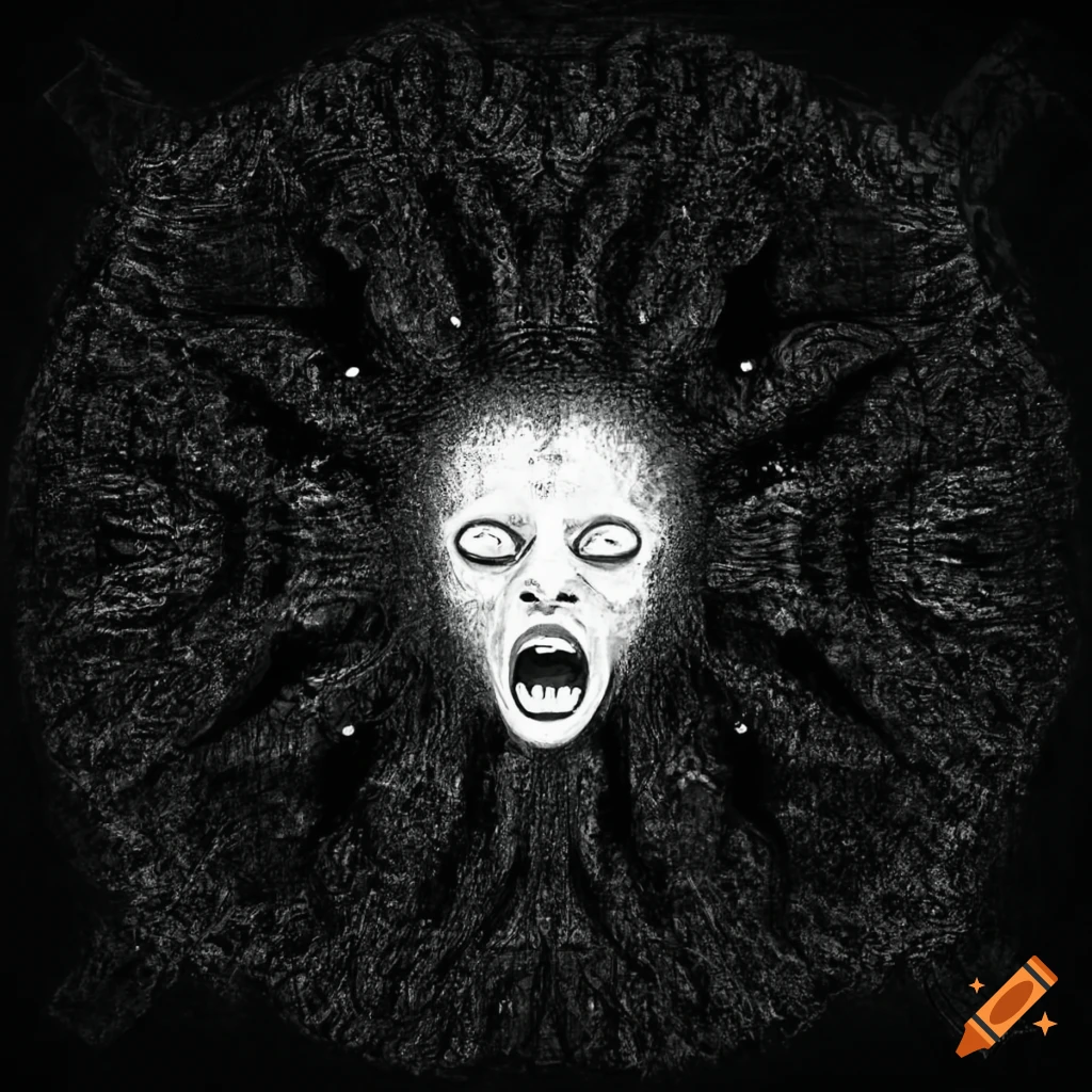 Abstract art of a black and white face screaming on a black background ...