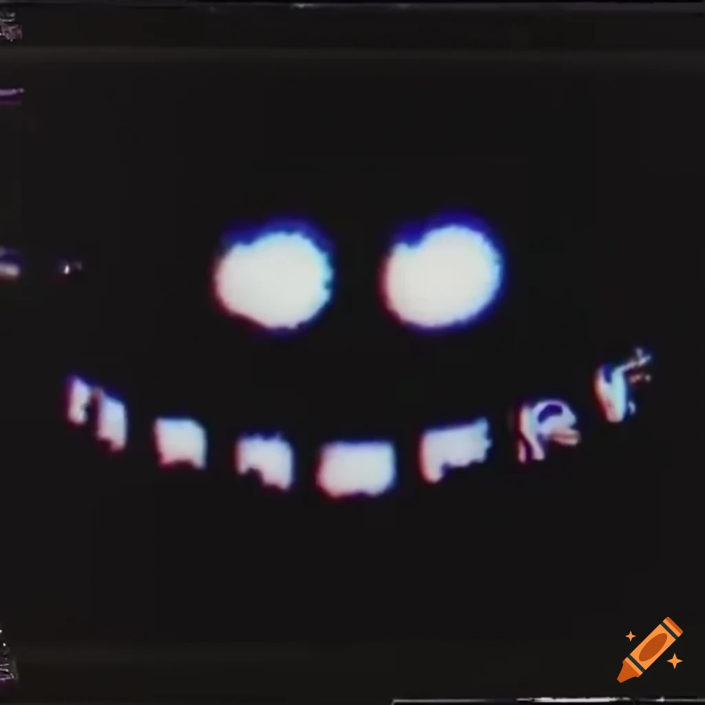 Spooky white eyes and wide smile in complete darkness, corrupted vhs ...
