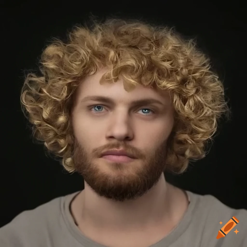 Short curly blond hair, hazel eyes, scraggly beard, strong male face