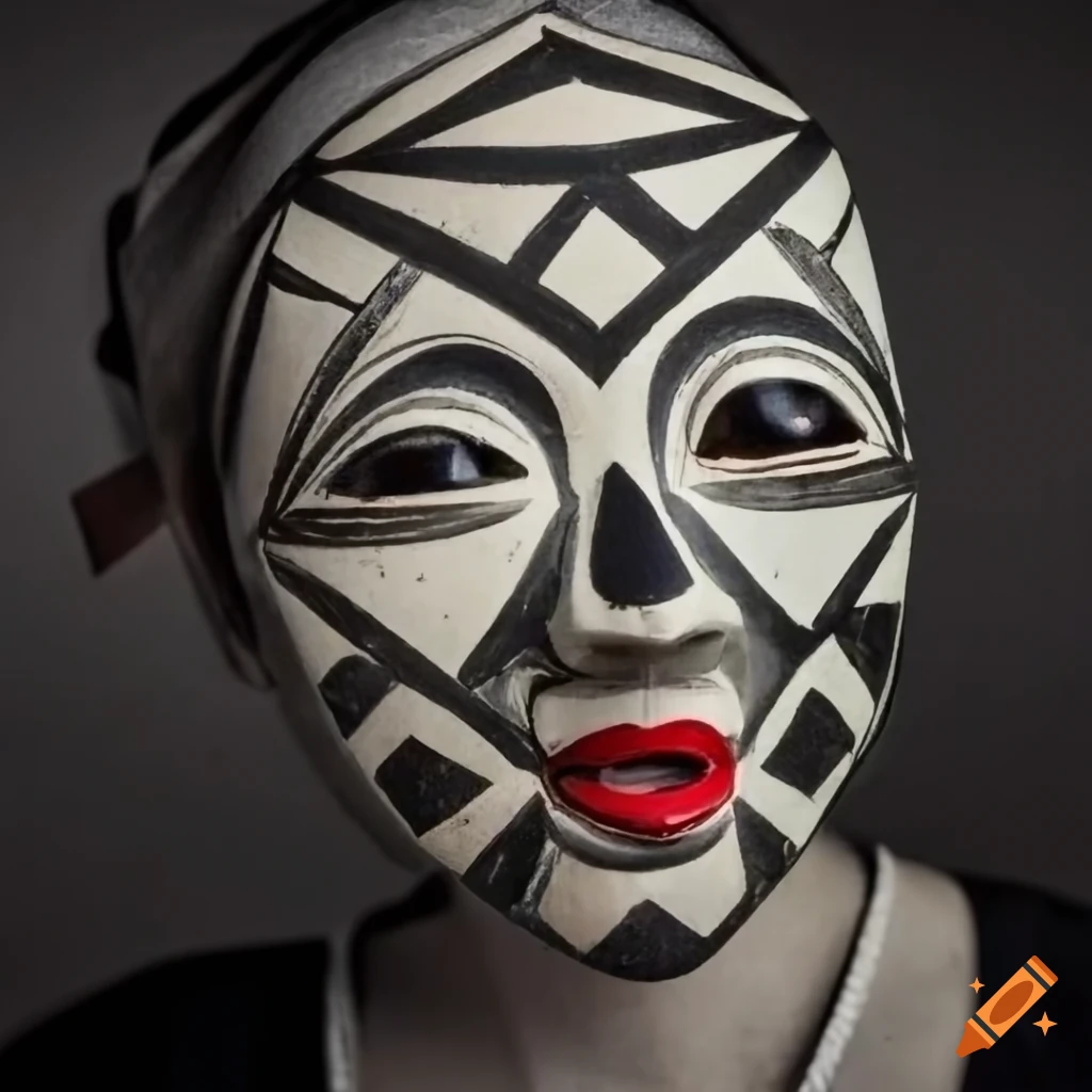 Expressive geometric ethnic mask resembling elegant Japanese woman of ...