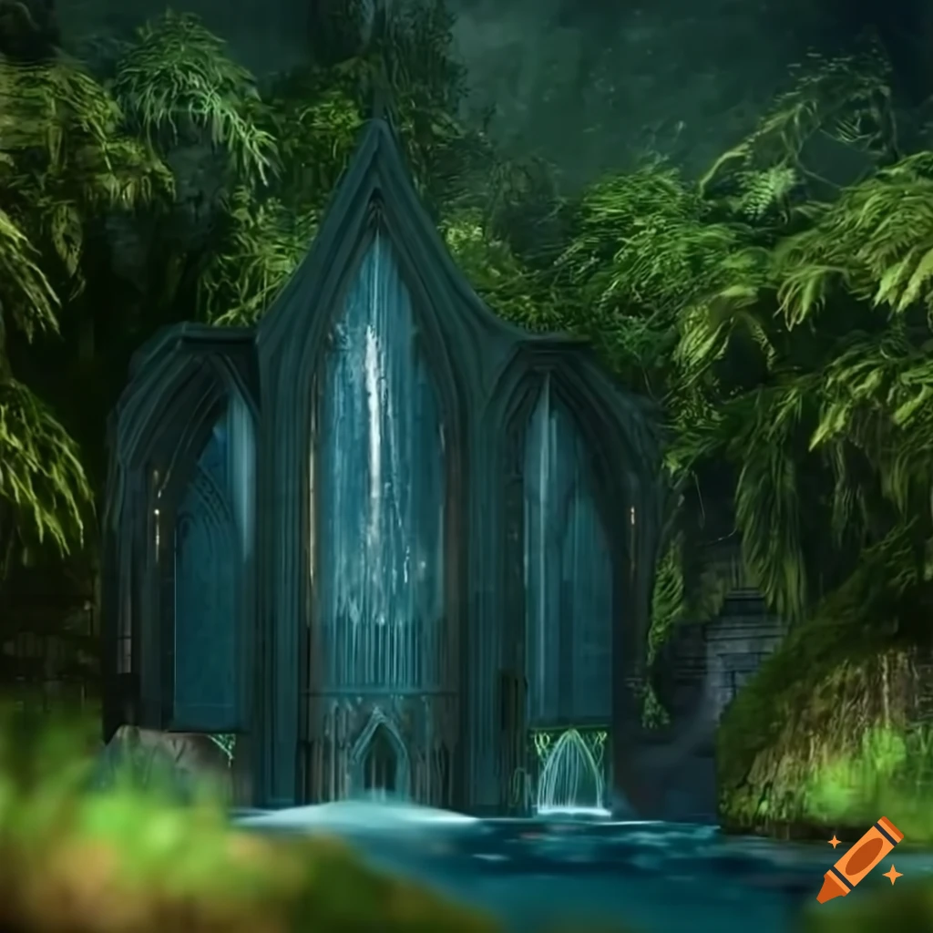 Multi-level mystic cathedral and houses, lush tropical landscaping ...