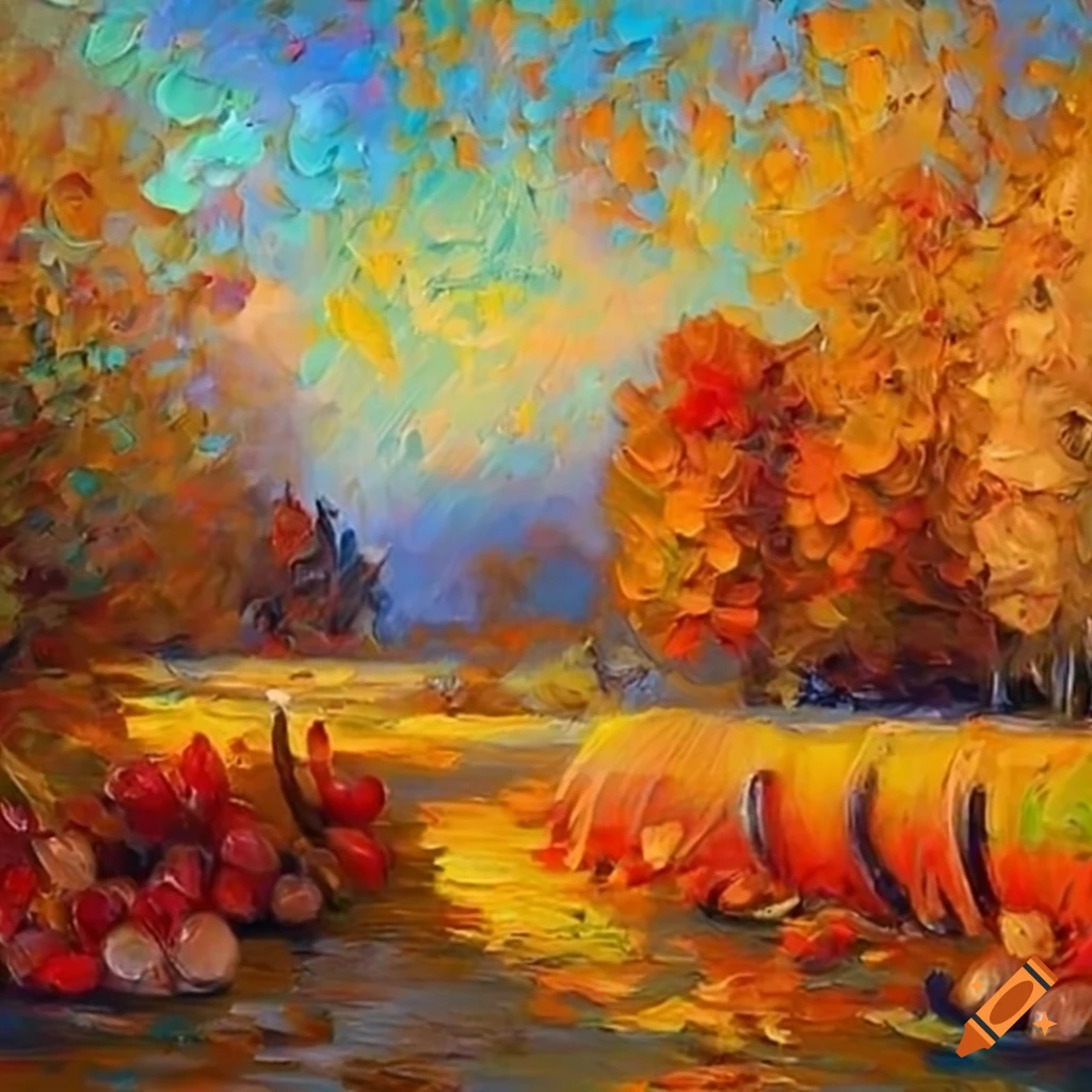 A stunning impressionist painting of a bountiful autumn harvest