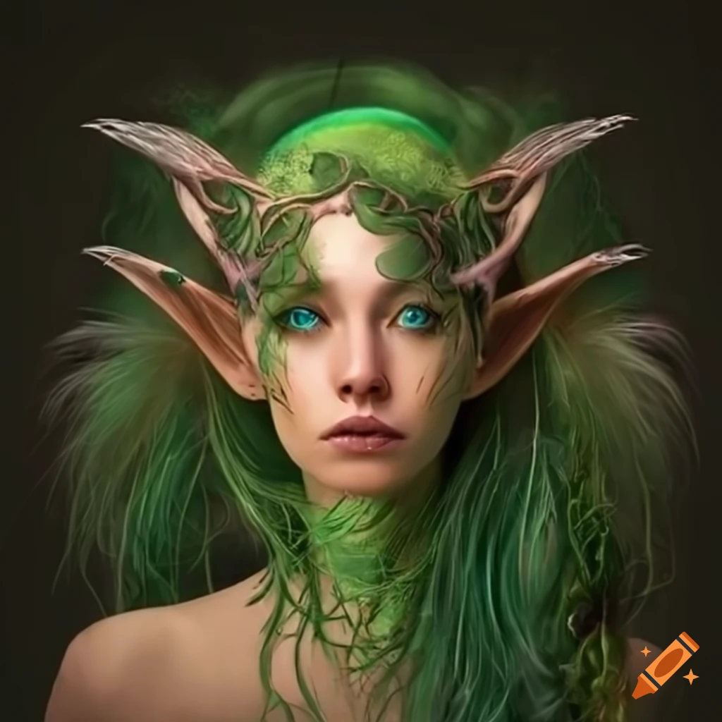 A mystical elf with flowing plant-like hair, radiating enchantment young woman
