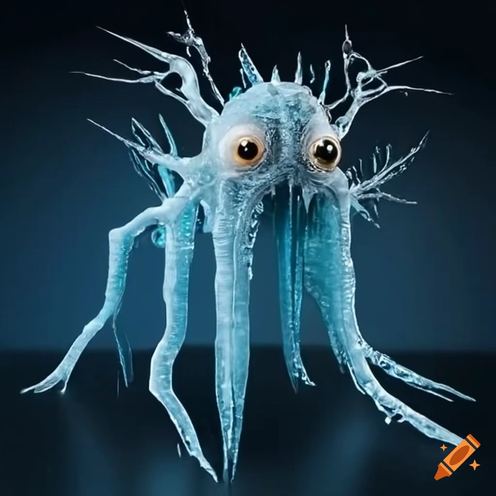 A thin, lean ice insect monster made of thin transparent icicles. it ...