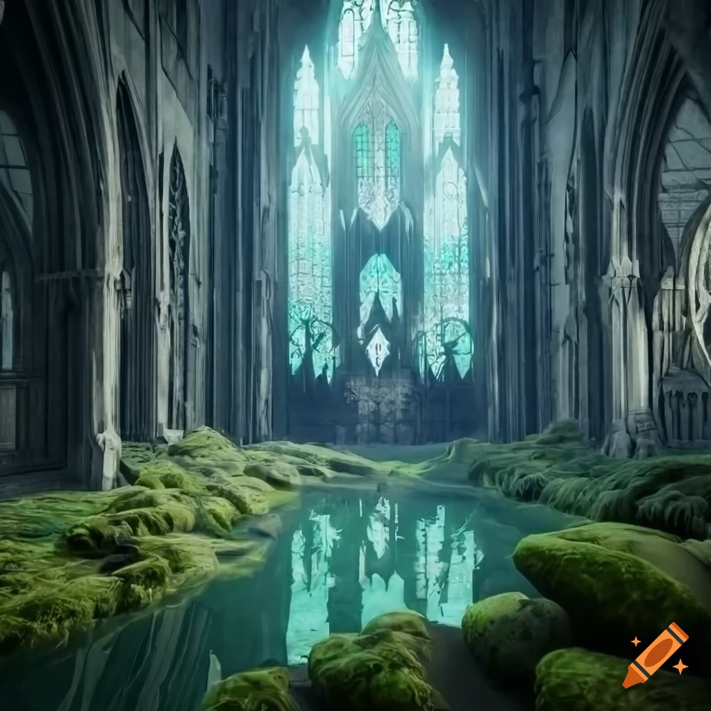 A mystic cathedral filled with crystals, pond, stone overgrown with ...