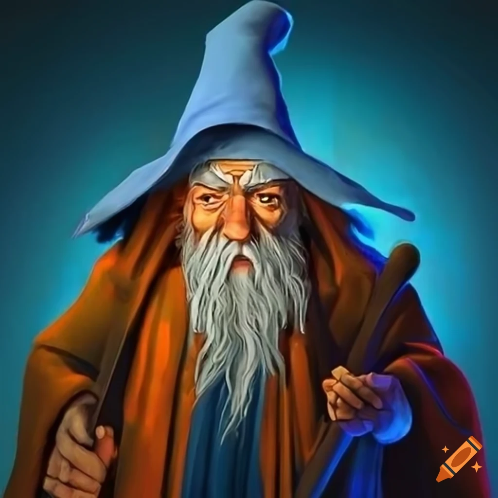 Dwarf gandalf with blue and orange robes and hat on Craiyon
