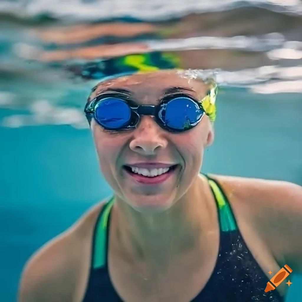 Portrait of a female swimmer, close up of face emerging from the water ...