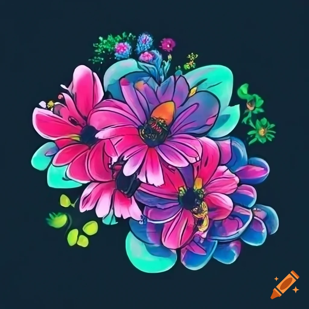 A vibrant bouquet of flowers blooming in a rainbow of colors, inked ...