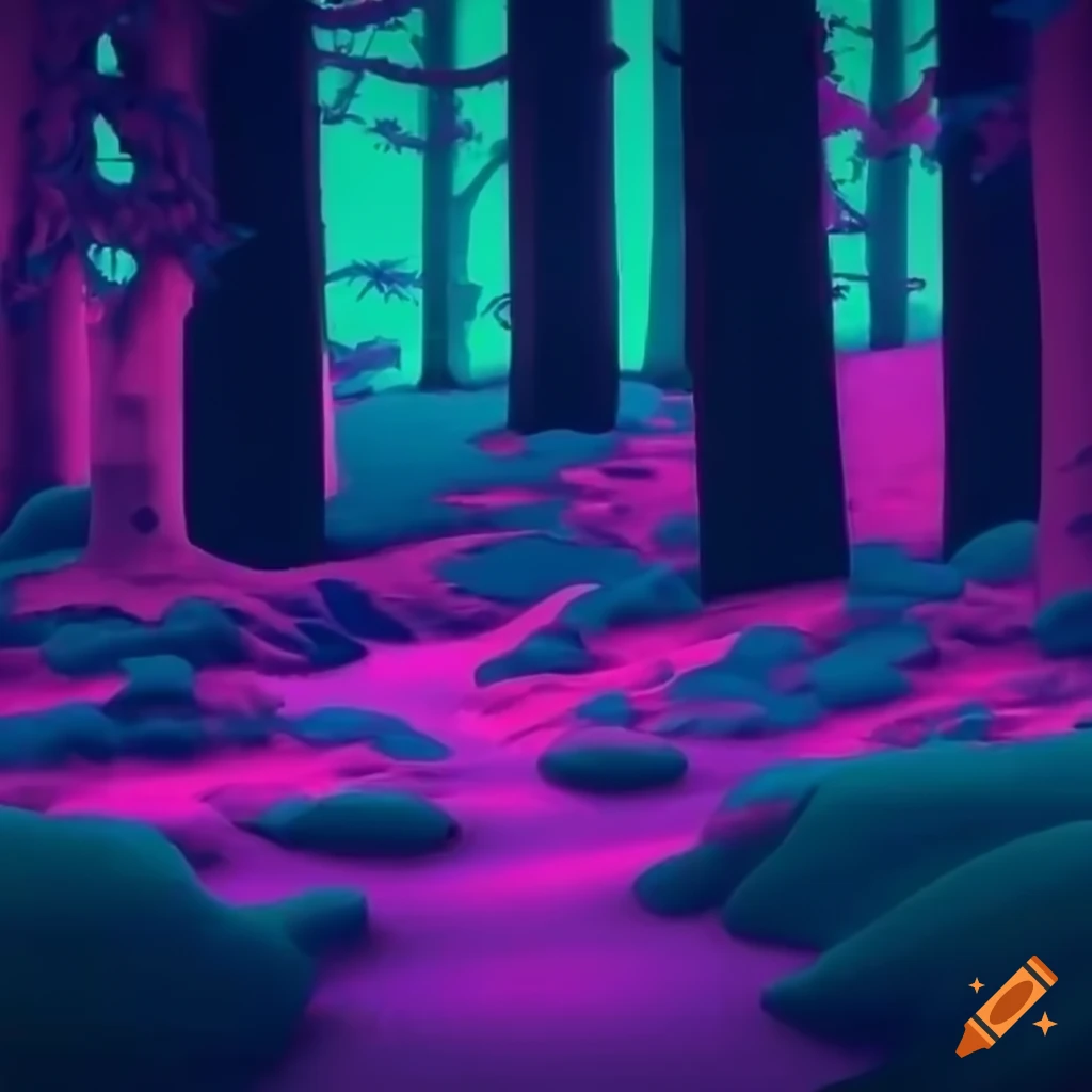 Retro-inspired forest landscape with vibrant vaporwave colors