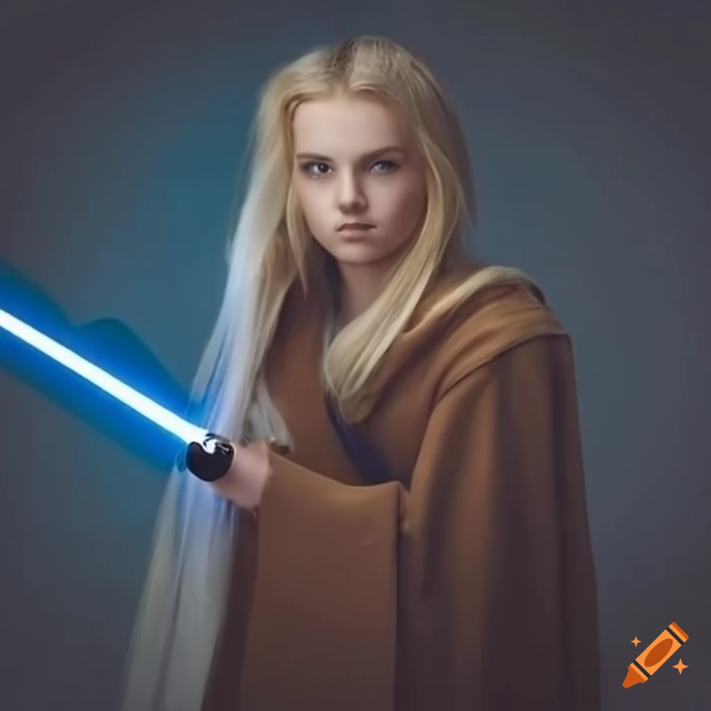 Attractive blonde hair jedi girl holding a lightsaber on Craiyon