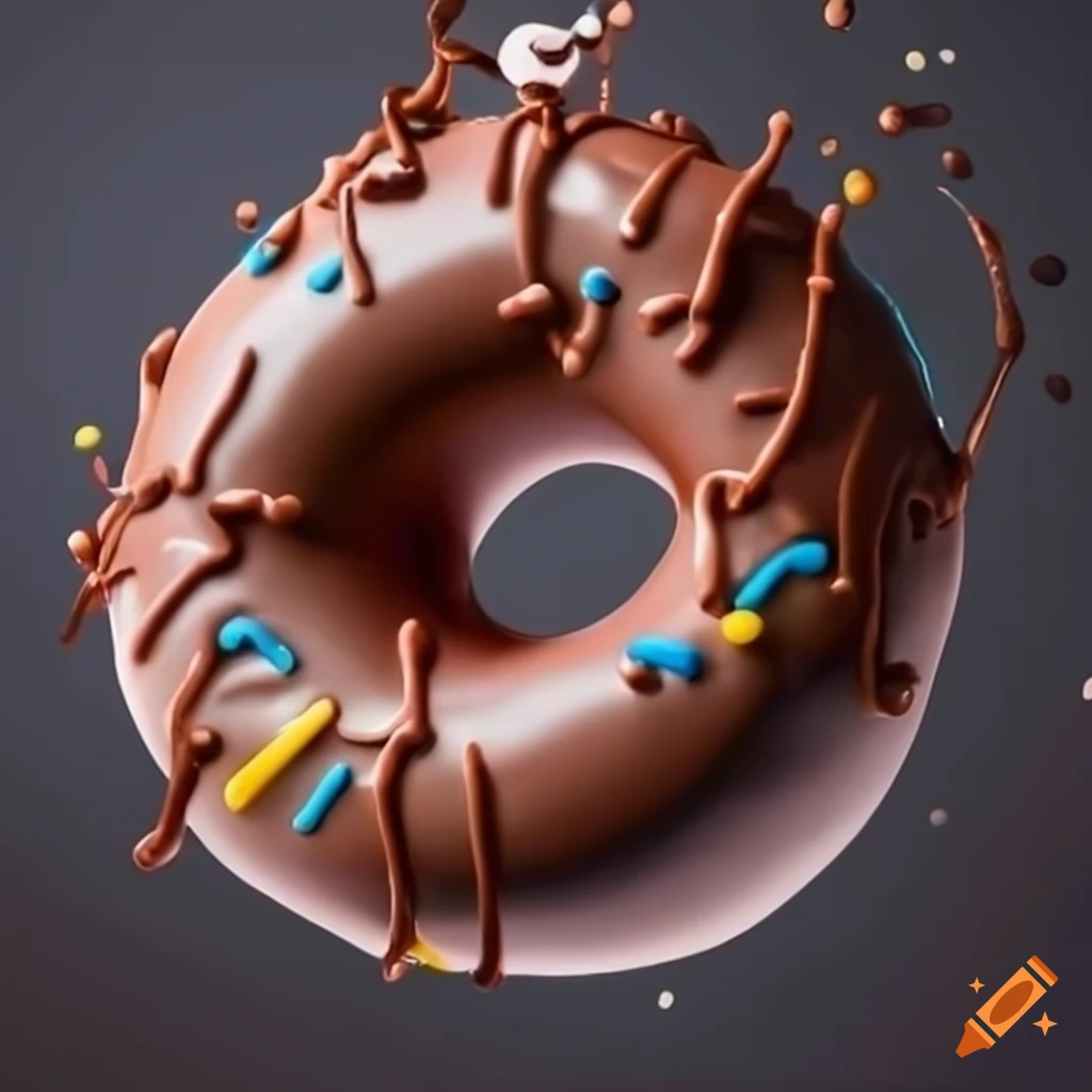 A realistic chocolate donut suspended in zero gravity, with splashes of ...