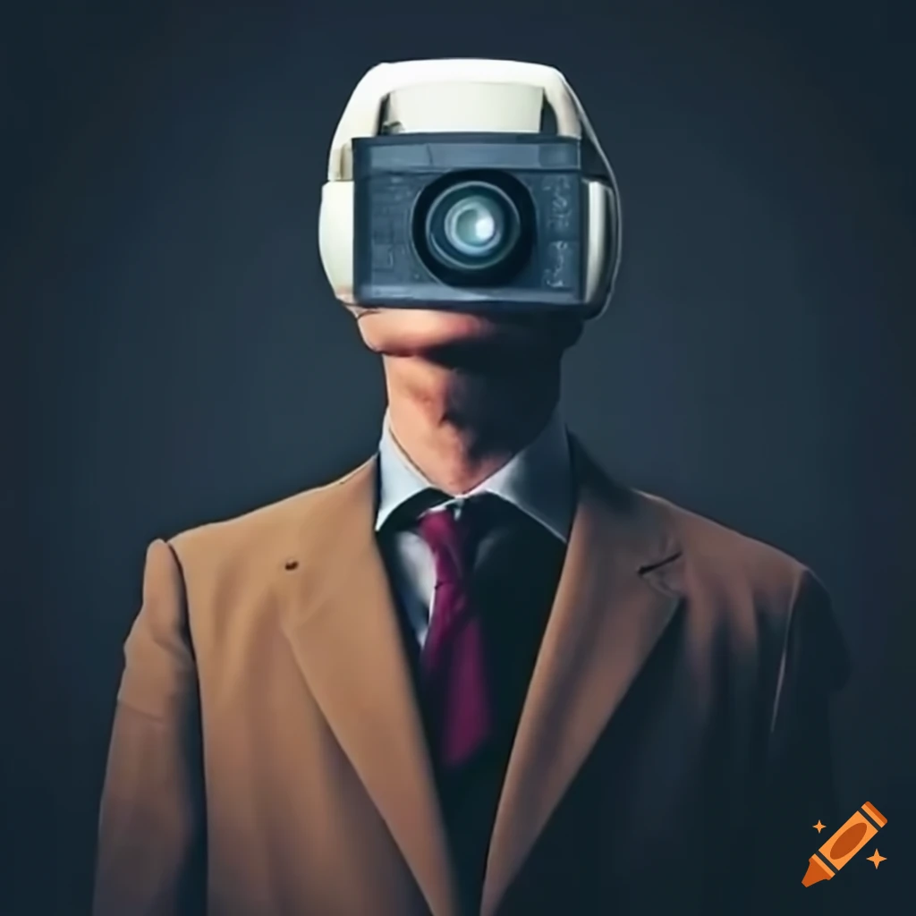 A formally dressed man with a security camera replacing his head