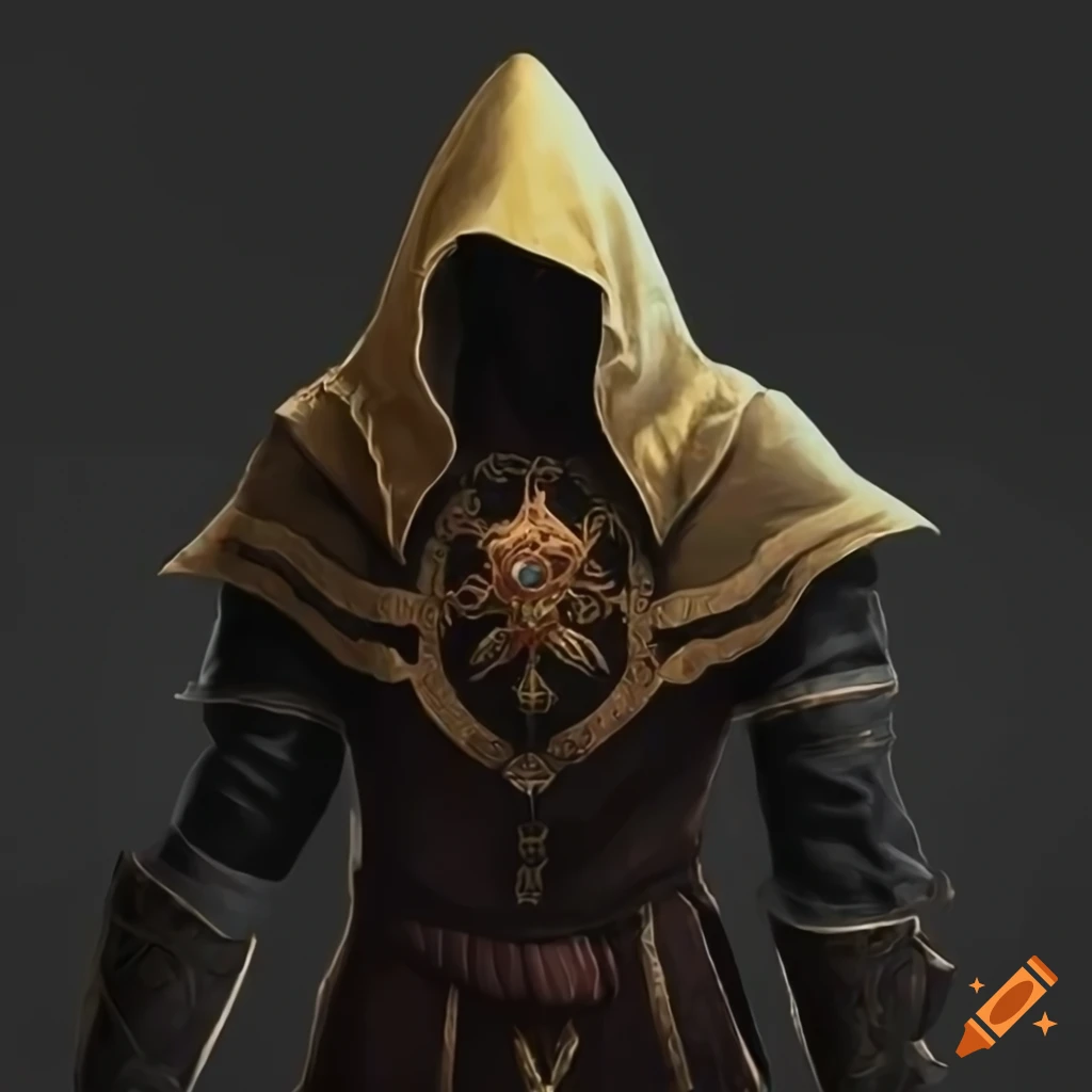 He wears an ivory-colored hooded cloak with a golden triangle clasp ...