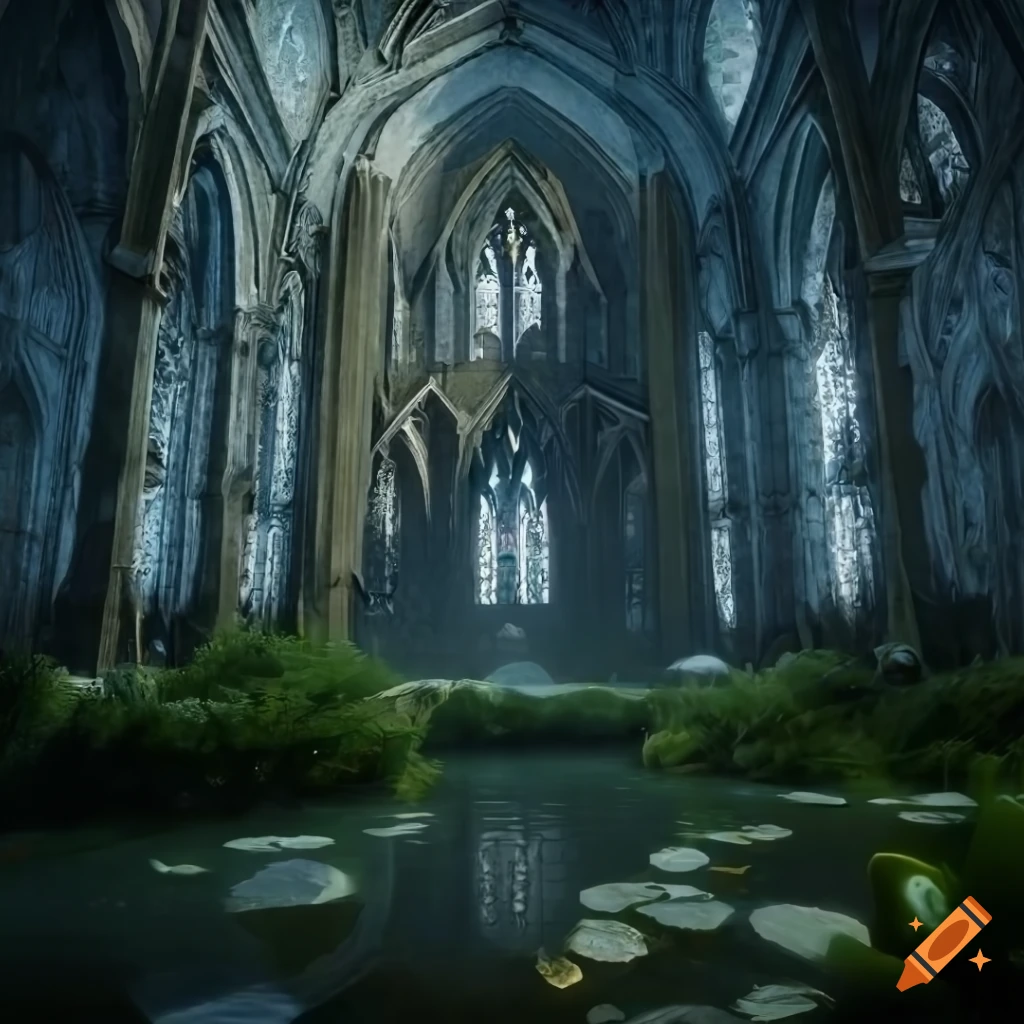 A mystic cathedral filled with crystals, pond, stone overgrown with ...