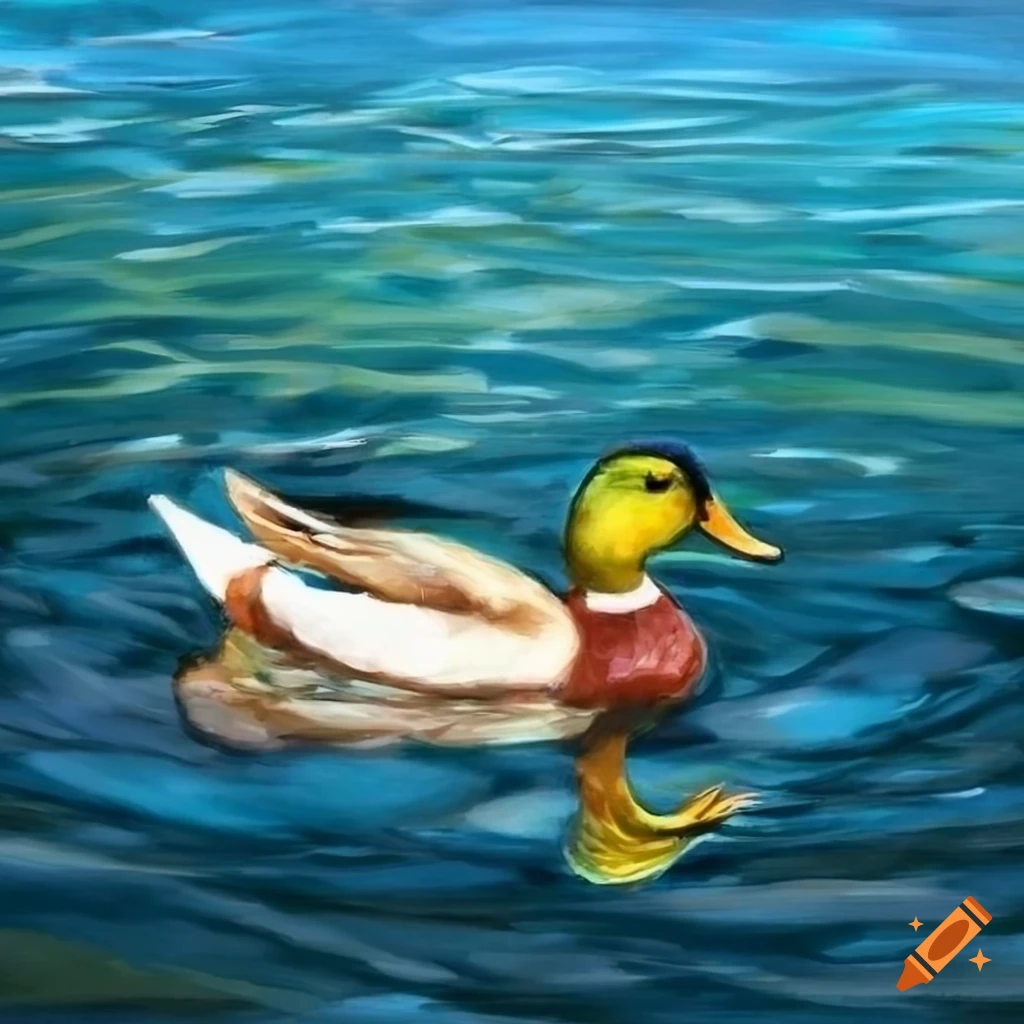 Vibrant vista view color pencil drawing of a duck floating on the water ...