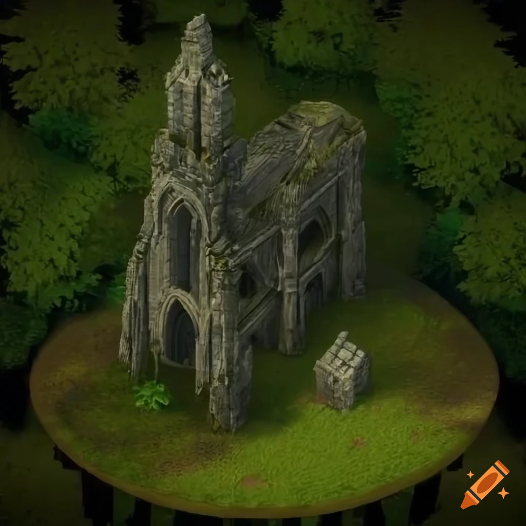 A moss-covered stone ruins in a fantasy RPG game forest fantasy grass texture isometric view ...