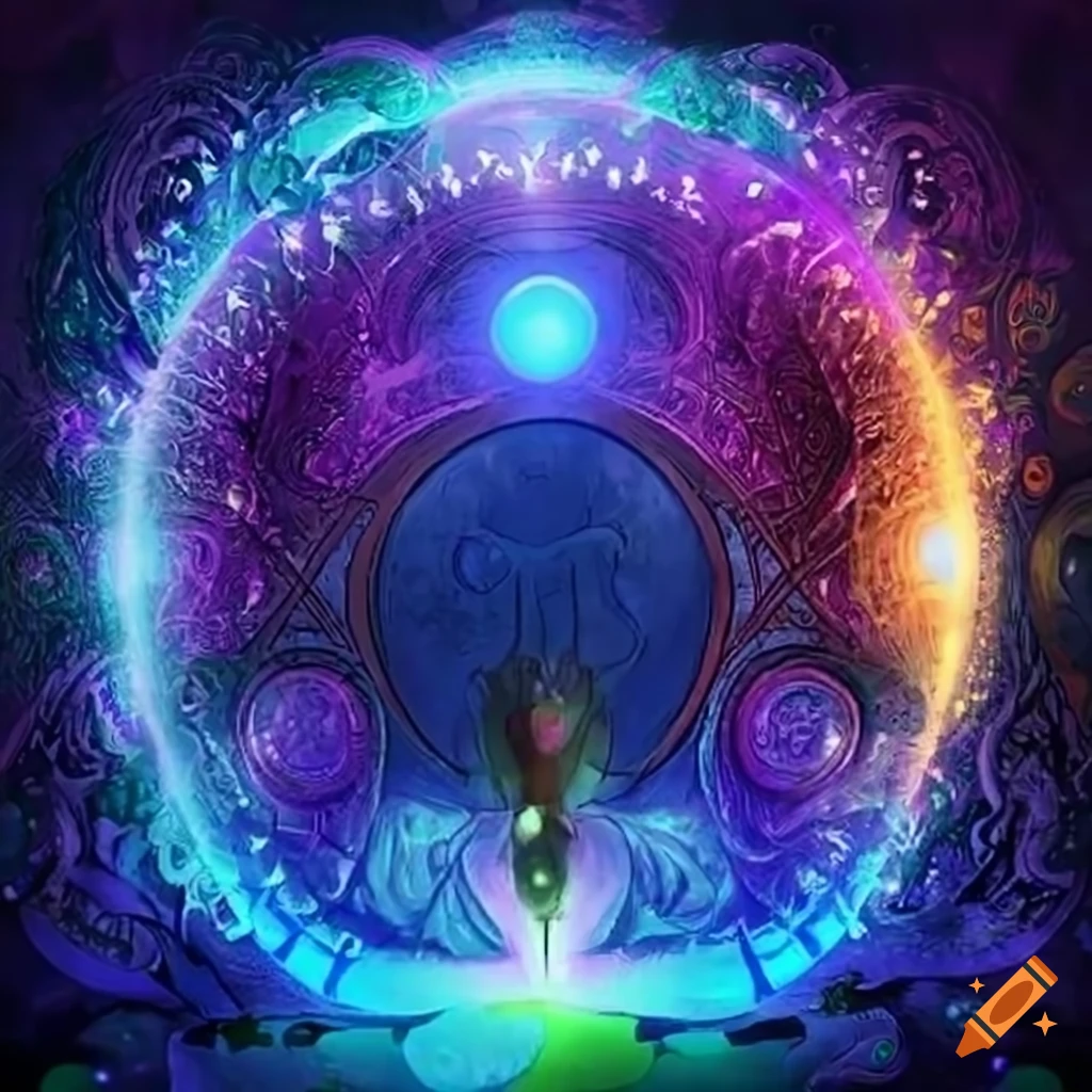 Create an enchanting and mysterious scene: Draw a large, ornate portal ...