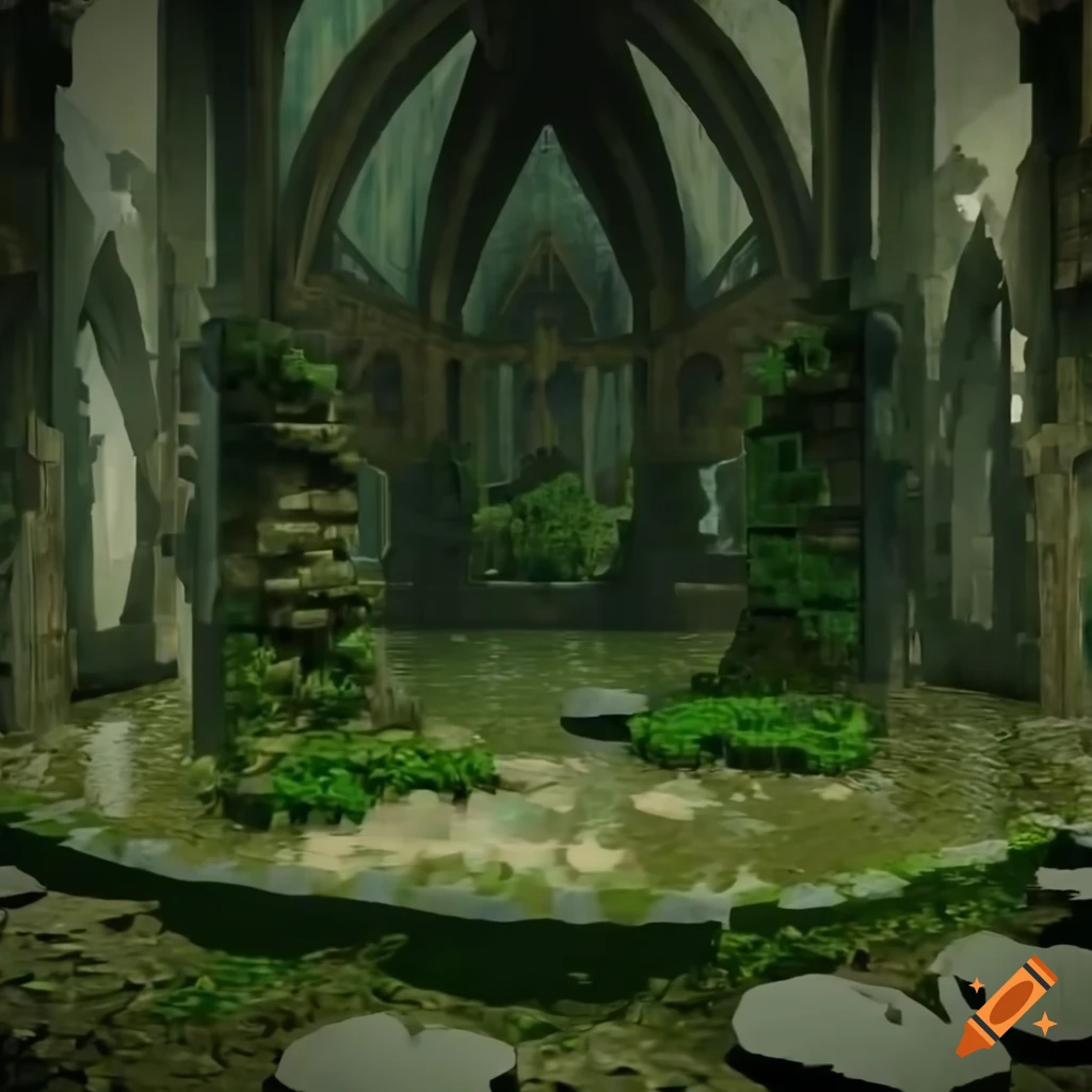 A moss-covered stone ruins in a fantasy RPG game forest fantasy grass ...