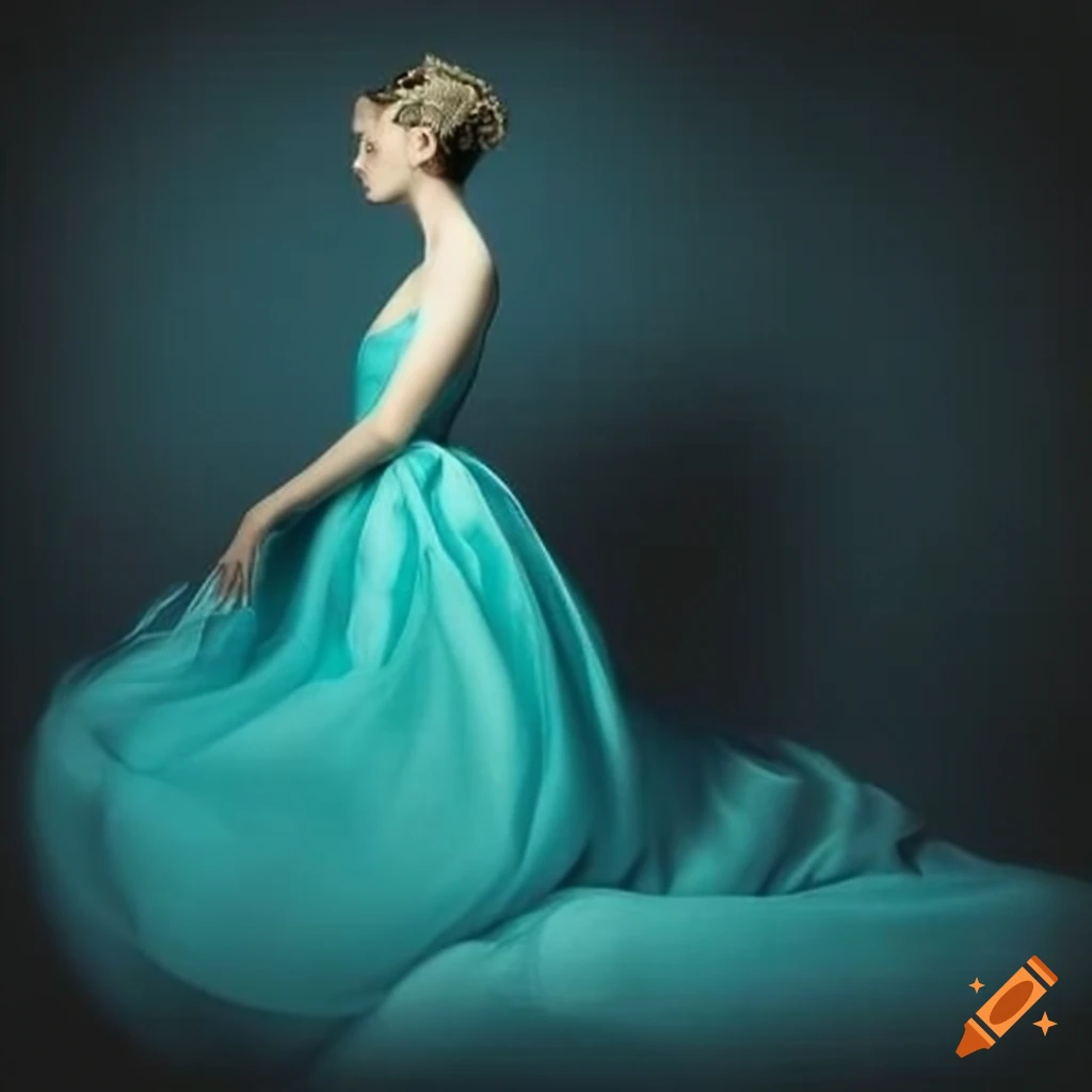 Belle marquise rousse avec une robe en soie bleu vert de profil on Craiyon