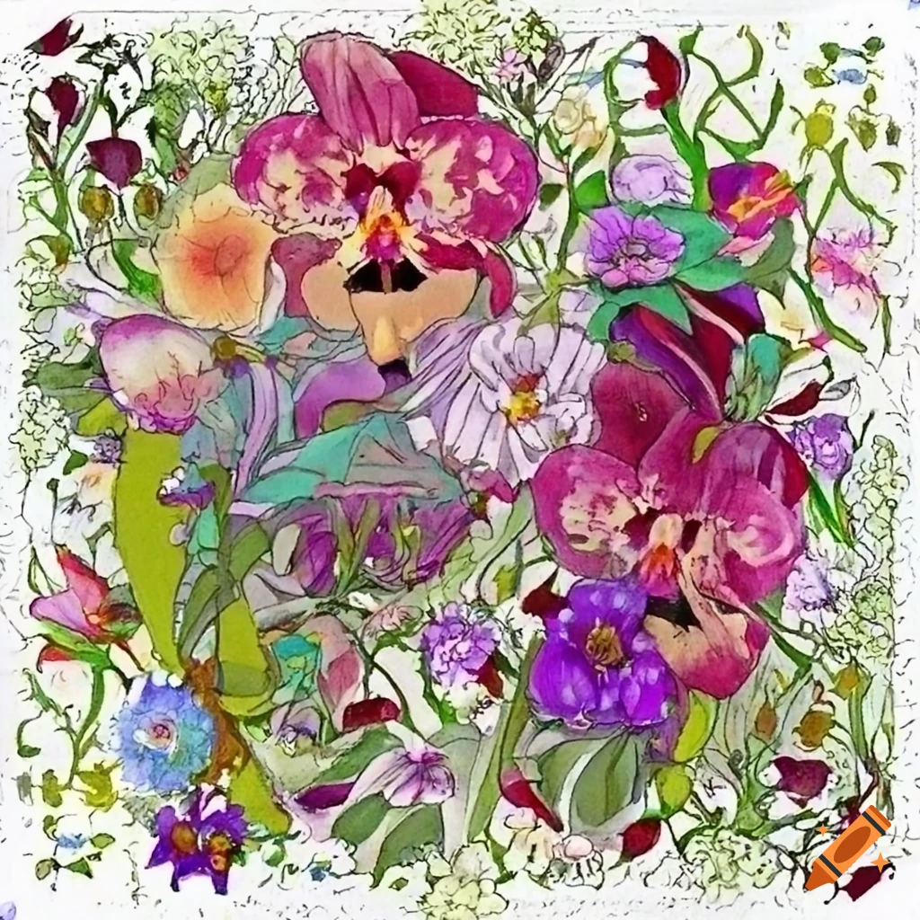 Beautiful orchidea among wildflowers, pre- Raphaelite style on Craiyon