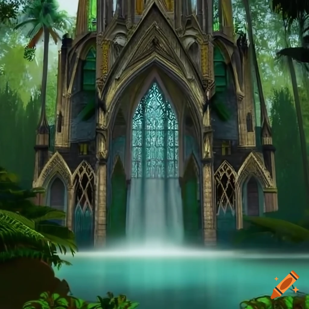 Multi-level mystic cathedral and houses, lush tropical landscaping ...